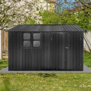 jintop 10x8 ft metal frame garden sheds with lockable doors and window,outdoor single-storey roofed storage shed,w/waterproof roofs,for storing bicycles,lawnmowers,barbeques,dark-grey