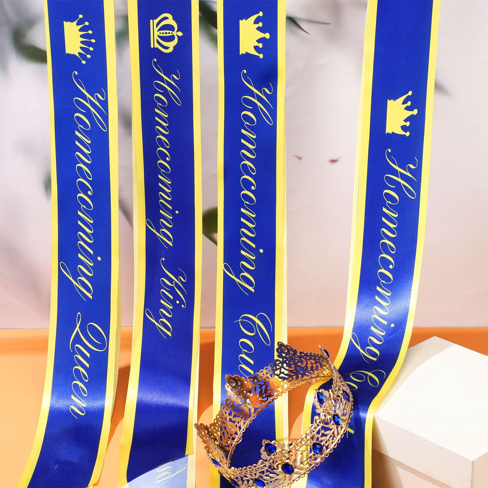 Lasnten 14 Pcs Homecoming Party Prom Sashes, Including 12 Pcs Homecoming Court Sashes and 2 Pcs Crown Prom King and Queen Sashes for Homecoming School Party Accessories (Blue, Gold)