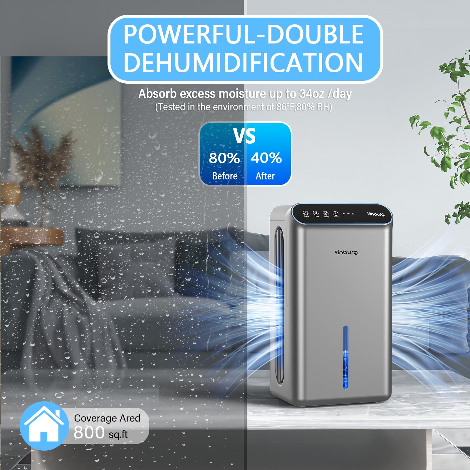 Dehumidifier for Home, 85 OZ Water Tank, (800 sq.ft.) Small Dehumidifier with Drain Hose for Bathroom Bedroom with Auto Shut Off, Timer, 7 Colors LED (Sliver)