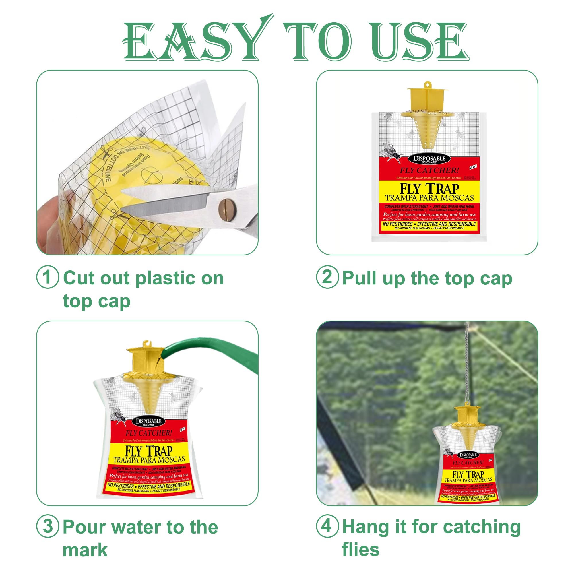 Outdoor Fly Traps 8 Pack with Adjustable Hanging Strings (8 PCS), Disposable Hanging Fly Traps with Natural Pre-Baited Bags | Effective Fly Killer for Backyard, Patio, Park or Farm Red