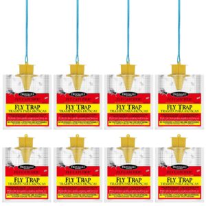 outdoor fly traps 8 pack with adjustable hanging strings (8 pcs), disposable hanging fly traps with natural pre-baited bags | effective fly killer for backyard, patio, park or farm red