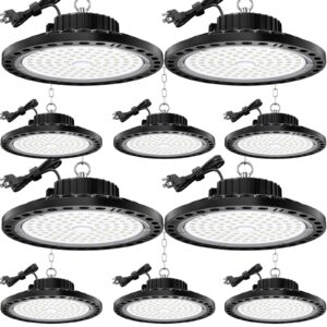 topaubub 100w high bay led light 10 pack, 15000lm high bay led shop lights with 6.56ft cable us plug, 11.8in metal chain, driver, ufo led light 6500k ip65 commercial bay lighting for warehouse shop