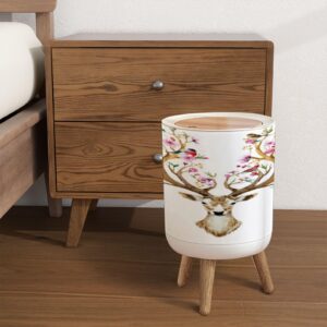 Trash Can with Lid watercolor deer big antlers flowers birds horns branches cherry Garbage Can Round Waste Bin Press Cover Dog Proof Wastebasket for Kitchen Bathroom Living Room Nursery 1.8gal, ljt