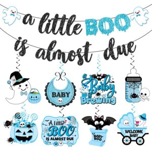 halloween ghost baby shower party decorations, a little boo is almost due blue baby decor for boy and girl, spooky birthday decorations boo banner