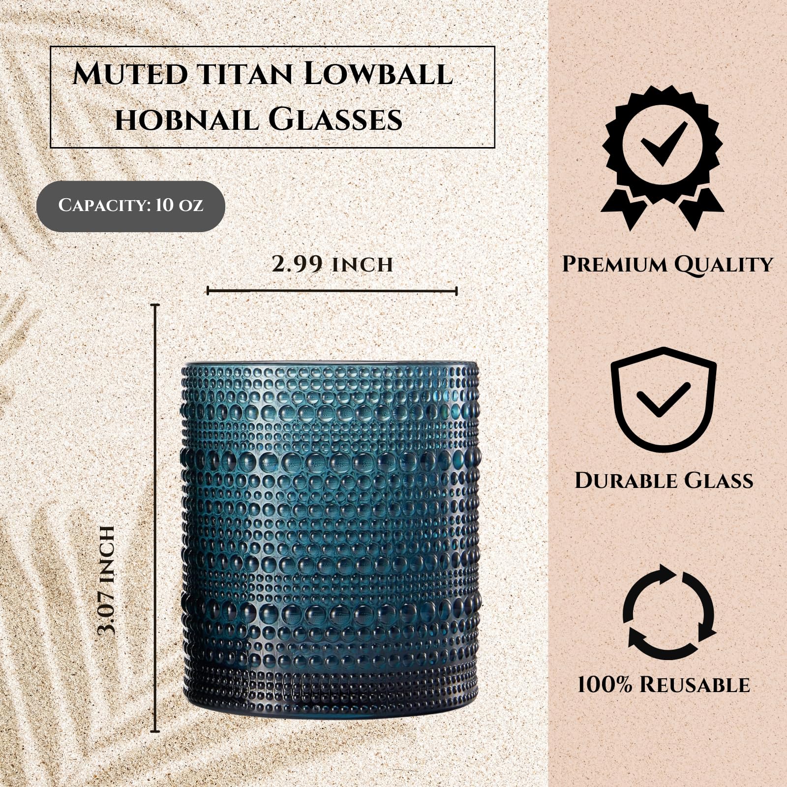 Classic Reusable Plastic Drinking Glasses, Hobnail Design, Shatterproof | 6 Set | Muted Tritan Lowball, Acrylic Unbreakable Beaded Cups, Dishwasher Safe 10oz, Kitchen Cups, BPA-free, Indoor, Outdoor