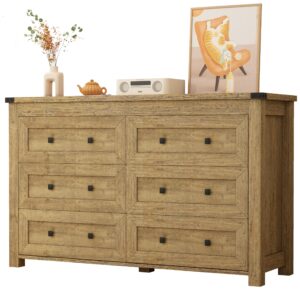 Dresser for Bedroom with 6 Drawers, Farmhouse Wood Chest of Drawers, Modern TV Stand Closet Storage Furniture with Metal Handle, Wide Clothes Organizer for Hallway, Living Room, Entryway, Gold Oak