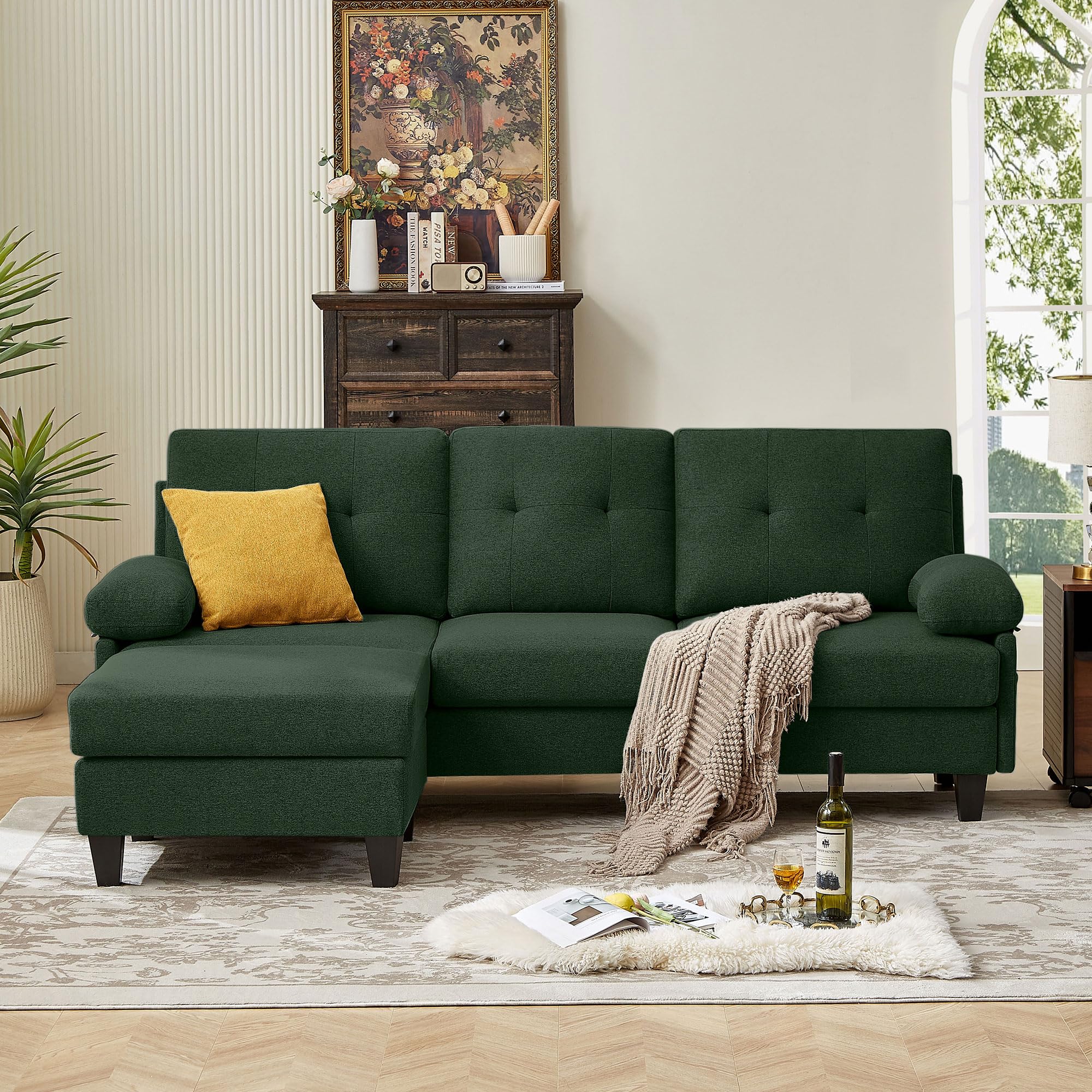 Tornama 86" Convertible Sectional Sofa Couch, Modern Linen Fabric L Shaped Couch with Reversible Chaise, Upholstered Deep Seat Cushion 3 Seater Sofa for Small Space Apartment (Green)