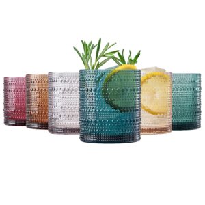 classic reusable plastic drinking glasses, hobnail design, shatterproof | 6 set | muted tritan lowball, acrylic unbreakable beaded cups, dishwasher safe 10oz, kitchen cups, bpa-free, indoor, outdoor