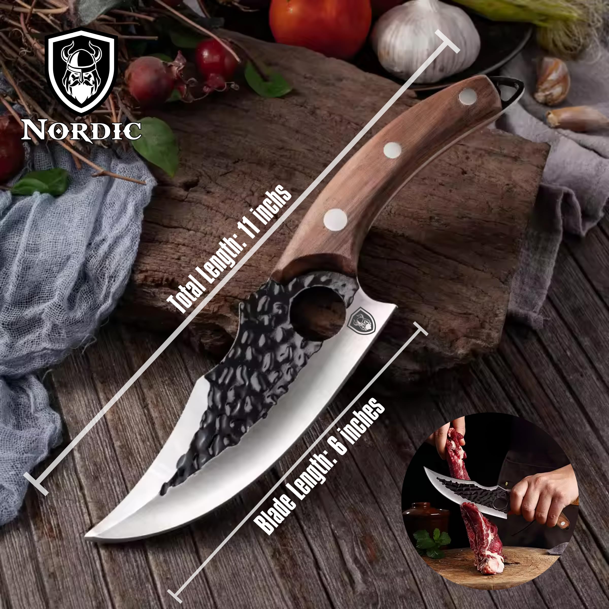 Nordic New Upgraded Hand Forged Viking High Carbon Steel Boning Knife with Leather Sheath, Multipurpose for Meat Cutting, Kitchen, Camping, BBQ, (Brown)