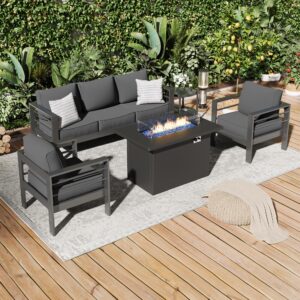 udpatio aluminum patio furniture with fire pit table, 4 pieces modern aluminum outdoor sectional conversation set with grey cushion