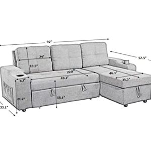 Eafurn L-Shaped Convertible Sleeper Sectional Sofa Couch Bed w/Chaise Lounge & Cup Holders, Reversible Corner Couch w/Pull Out Bed& Storage, 4 Seater Tufted Pullout Sofabed for Living Room Office