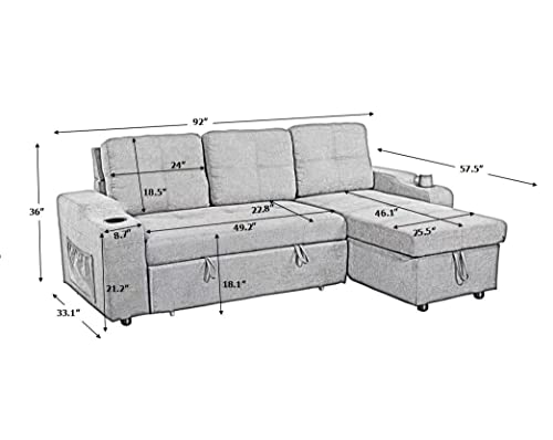 Eafurn L-Shaped Convertible Sleeper Sectional Sofa Couch Bed w/Chaise Lounge & Cup Holders, Reversible Corner Couch w/Pull Out Bed& Storage, 4 Seater Tufted Pullout Sofabed for Living Room Office