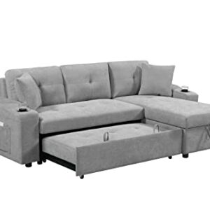 Eafurn L-Shaped Convertible Sleeper Sectional Sofa Couch Bed w/Chaise Lounge & Cup Holders, Reversible Corner Couch w/Pull Out Bed& Storage, 4 Seater Tufted Pullout Sofabed for Living Room Office