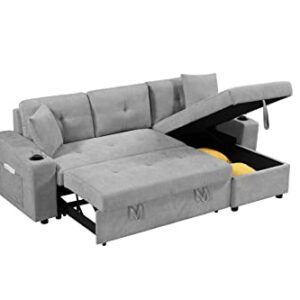 Eafurn L-Shaped Convertible Sleeper Sectional Sofa Couch Bed w/Chaise Lounge & Cup Holders, Reversible Corner Couch w/Pull Out Bed& Storage, 4 Seater Tufted Pullout Sofabed for Living Room Office