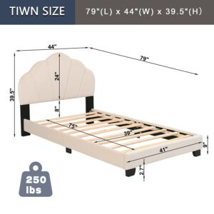 EastVita Twin Size Upholstered Platform Bed with Shell Design Headboard Acacia Wood Bedframe Mattress Foundation No Box Spring Needed for Kids Girls Boys Bedroom