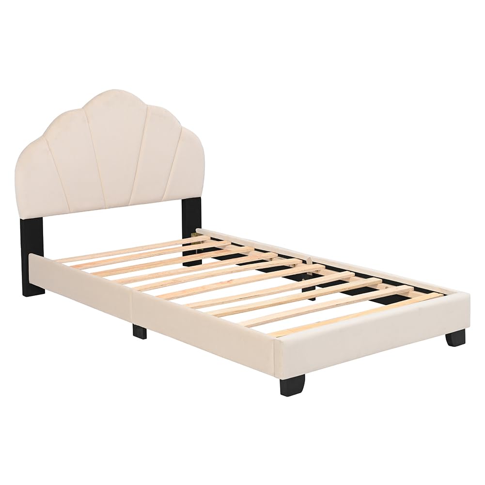 EastVita Twin Size Upholstered Platform Bed with Shell Design Headboard Acacia Wood Bedframe Mattress Foundation No Box Spring Needed for Kids Girls Boys Bedroom