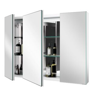 quavikey aluminum medicine cabinet with 3 doors recessed or surface mount large bathroom mirror cabinets 36x26 inch, silver