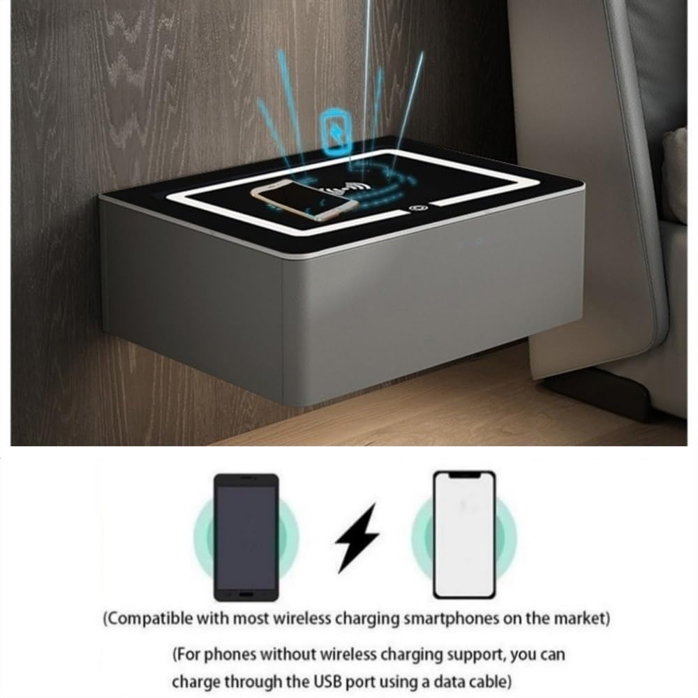 Smart Bedside Table, Wireless Charging Floating Nightstand with Drawers, Wall Mounted Nightstand with Adjustable Touch Sensing Lighting, Wall Night Table with Leather Surface for Bedroom(Color:Dark Gr