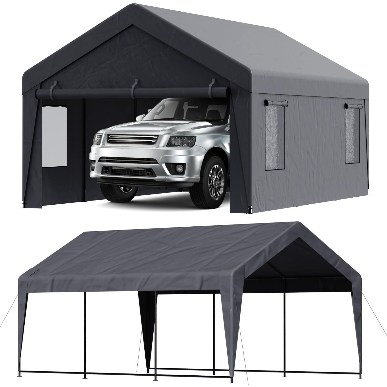 12x20ft Carport Heavy Duty, Upgraded Portable Garage with Reinforced Steel Poles, Large Car Canopy with Removable Sidewalls and Ventilated Windows, UV Resistant All-Season Tarp for Car, Truck, Boat