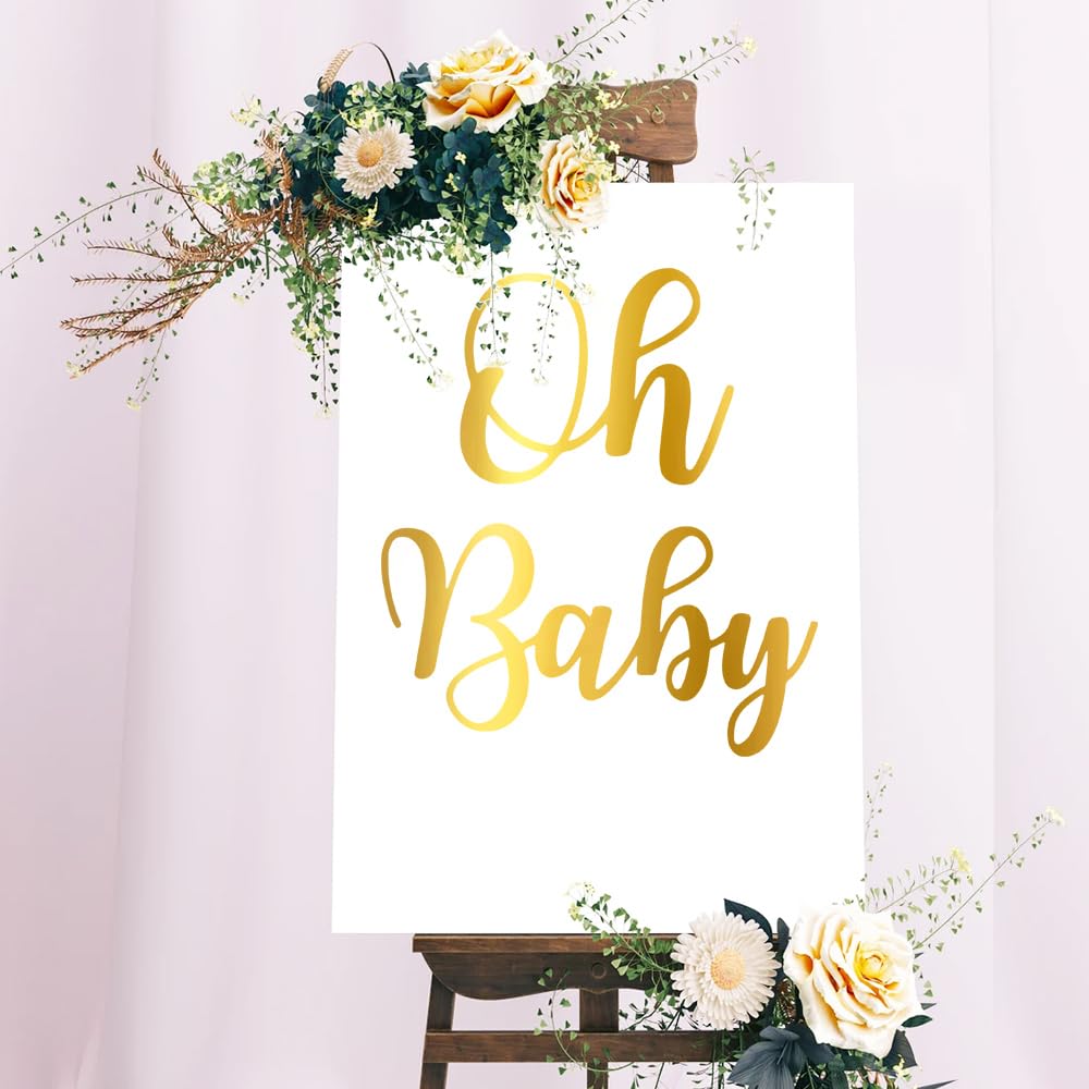 Oh Baby Sign for Backdrop - Gold Oh Baby Decal with Transfer Paper, Large Adhesive Vinyl Oh Baby Letters Sticker, Prefect for Oh Baby Baby Shower Neutral Gender Reveal Party Arch Backdrop Cover