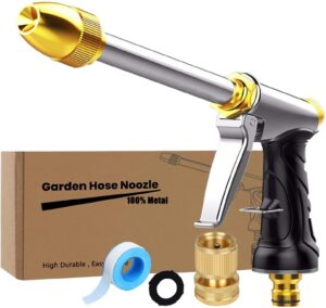 upgrade garden hose nozzle,100% heavy duty metal spray gun with full brass nozzle,high pressure water hose nozzle sprayer head,3/4" quick connectors,for lawn & garden,washing cars,showering dogs&pets