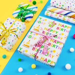 Isaspire Birthday Wrapping Paper Folder Set - 12 Sheets, 20x29 Inch Each, Adorned with Polka Dots, Stripes & 'Birthday' Charms for Boys, Girls, Women, Men, Ideal Gift Wrap for Holiday Birthday Party