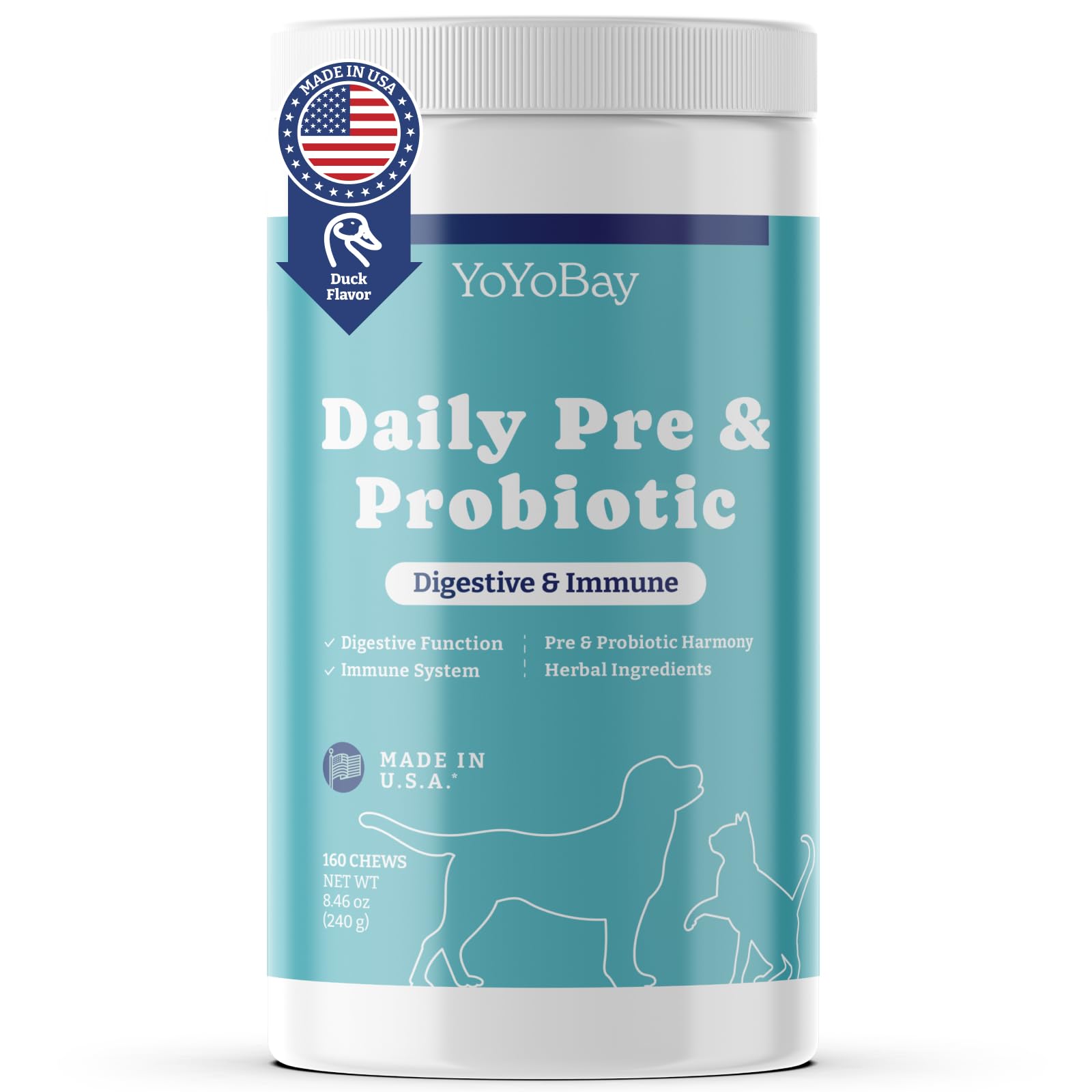 Probiotics for Dogs, Daily Dog Probiotics and Prebiotics, for Gut Health and Digestive Health, Support Immune System, Yeast Balance, Maintain Skin & Coat Health, Duck Flavor, 160 Soft Chews