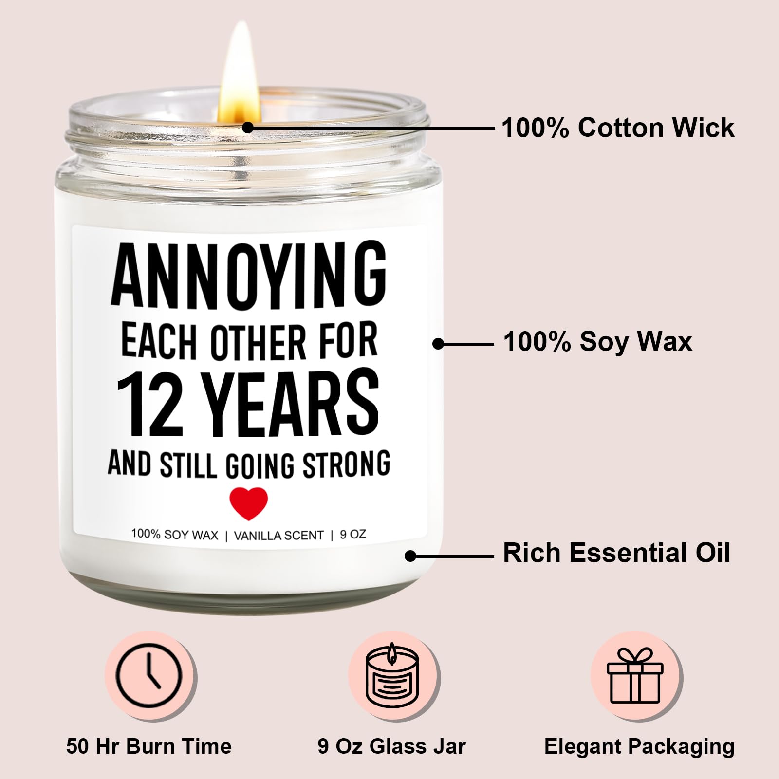 Younift 12 Years Candle, 12 Year Anniversary, Gifts for Him, Her, 12th Anniversary, Gifts for Men, Women, 12th Wedding Anniversary, Gifts for Husband, Wife, Couple, Funny Gifts, Silk Anniversary