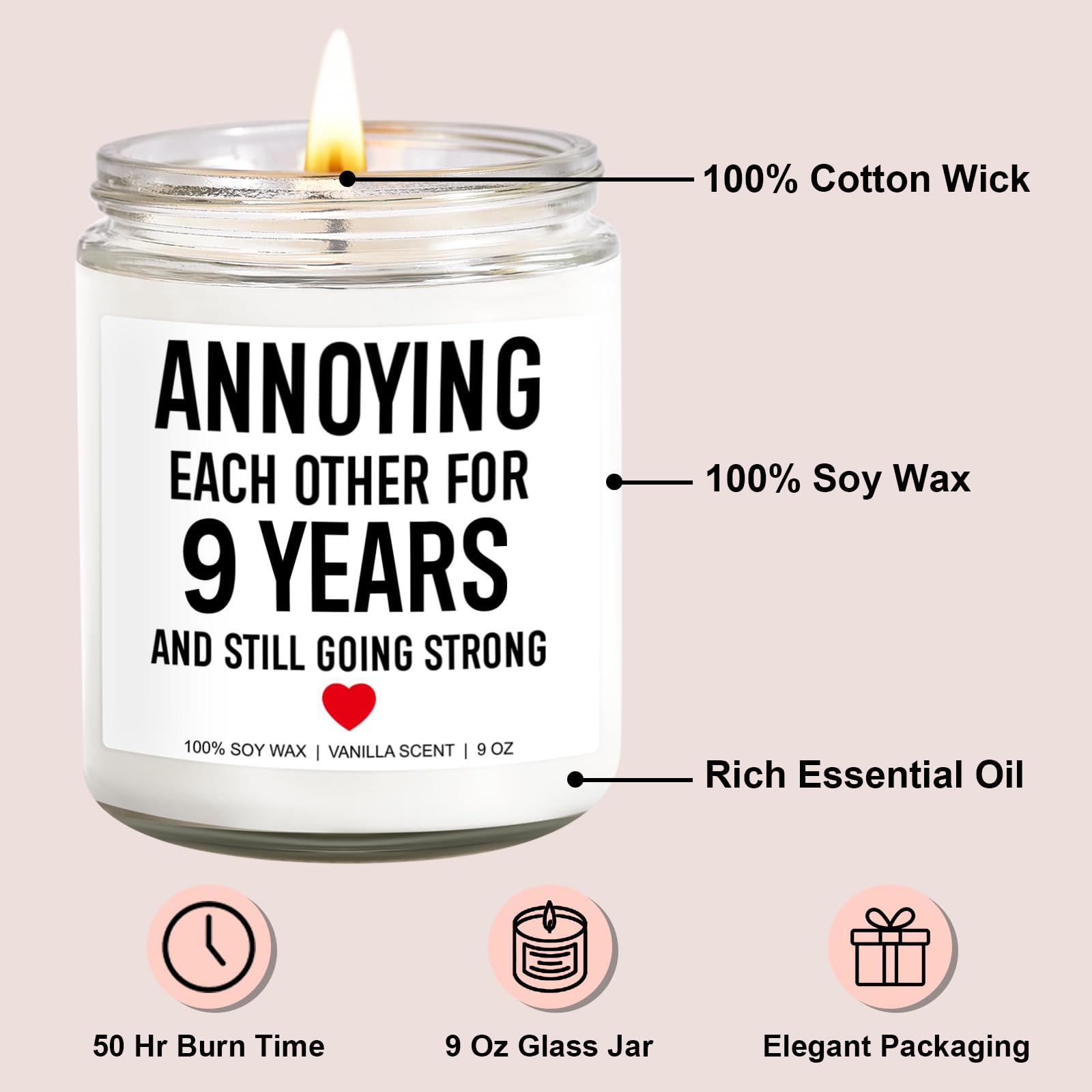 Younift 9 Years Candle, 9 Year Anniversary, Gifts for Him, Her, 9th Anniversary, Gifts for Husband, Wife, 9th Wedding Anniversary, Gifts for Couple, Funny Gifts, Pottery Anniversary