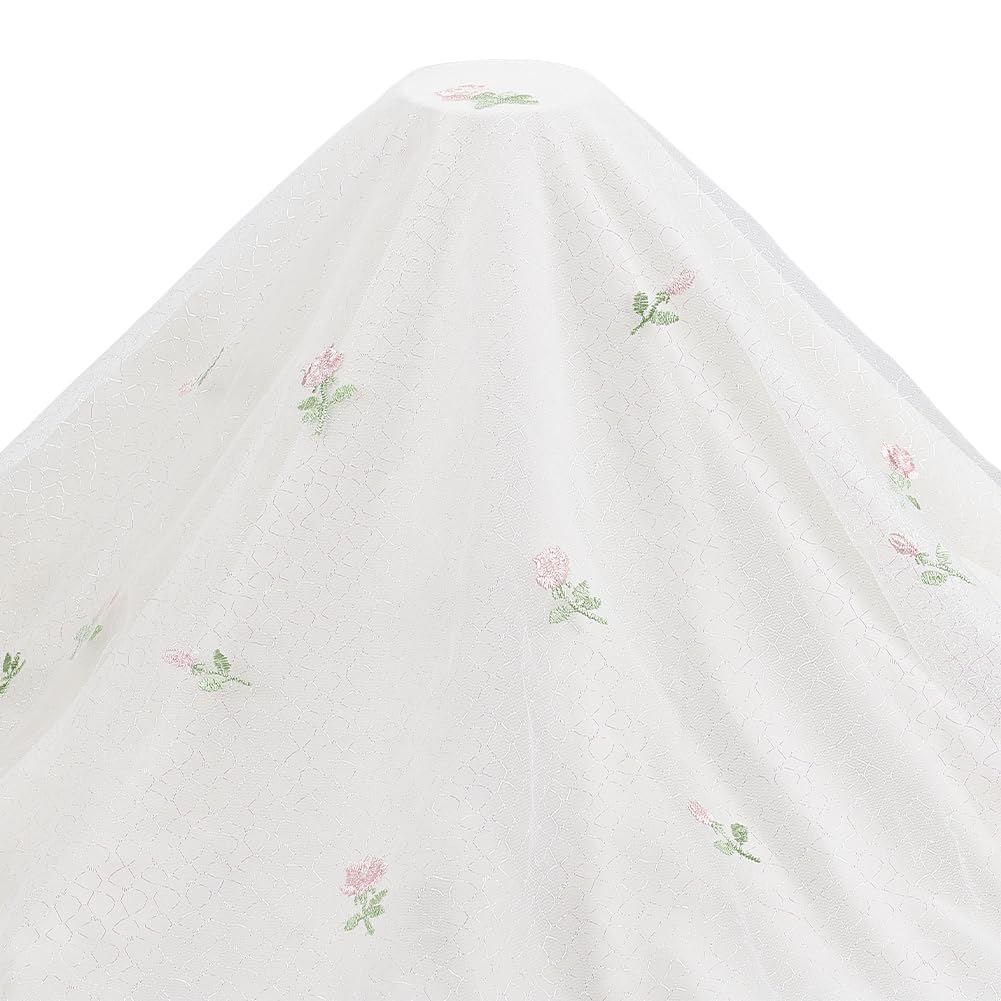 FINGERINSPIRE 1 Yards Embroidered Tulle Lace 59inches Wide Pink Floral Embroidered Lace Fabric Polyester White Tulle Embroidered Floral Sewing Fabric for DIY Clothing Dresses Wedding Decoration