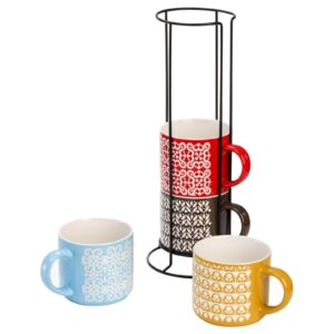 Hiceeden Set of 4 Stackable Coffee Mugs with Rack, 15 oz Colorful Ceramic Coffee Mugs with Metal Stand, Coffee Cup Set for Espresso, Cocoa, Latte, Americano, Cappuccino, Tea, Milk, Multi-colored