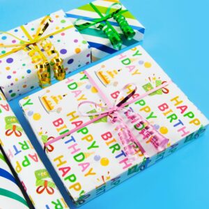 Isaspire Birthday Wrapping Paper Folder Set - 12 Sheets, 20x29 Inch Each, Adorned with Polka Dots, Stripes & 'Birthday' Charms for Boys, Girls, Women, Men, Ideal Gift Wrap for Holiday Birthday Party