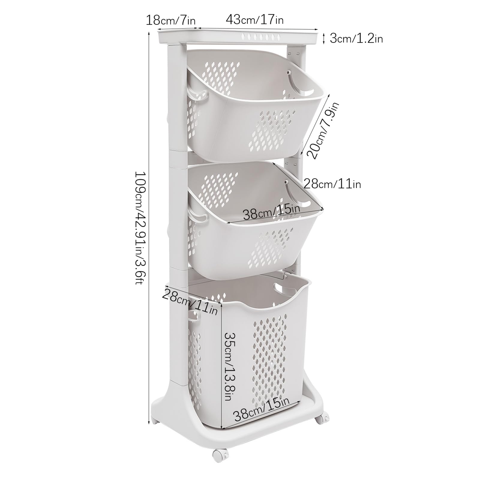 Laundry Basket, 3 Tier Sorter Clothes Storage Hampe Organizer Shelf Rolling Cart With 4 Wheels 55.12lbs Load White For Kitchens, Bathrooms, Bedrooms, Dormitories, Classrooms, Laundry Rooms