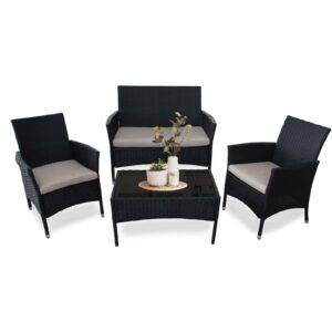 xzhqhb patio furniture set of 4 wicker conversation set with soft cushion sofa set porch outdoor pe rattan garden chairs sets with tempered glass top coffee table, black and beige