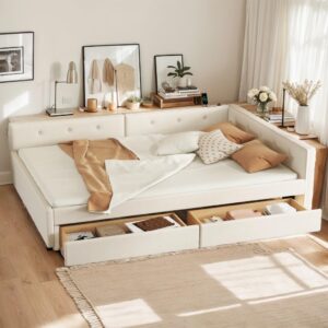 gm ultra full daybed with storage drawers, upholstered corner bed frame, full size day bed, floor bed frame full with usb charging, l shaped bed frame with solid slats support for teens adults, beige