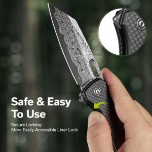 CIVIVI Nugz Folding Pocket Knife for EDC, 3.17" Damascus Reverse Tanto Blade Twill Carbon Fiber Overlay on Black G10 Handle Flipper Knife for Ideal Gift to Men Women C23060-DS1 (Black)