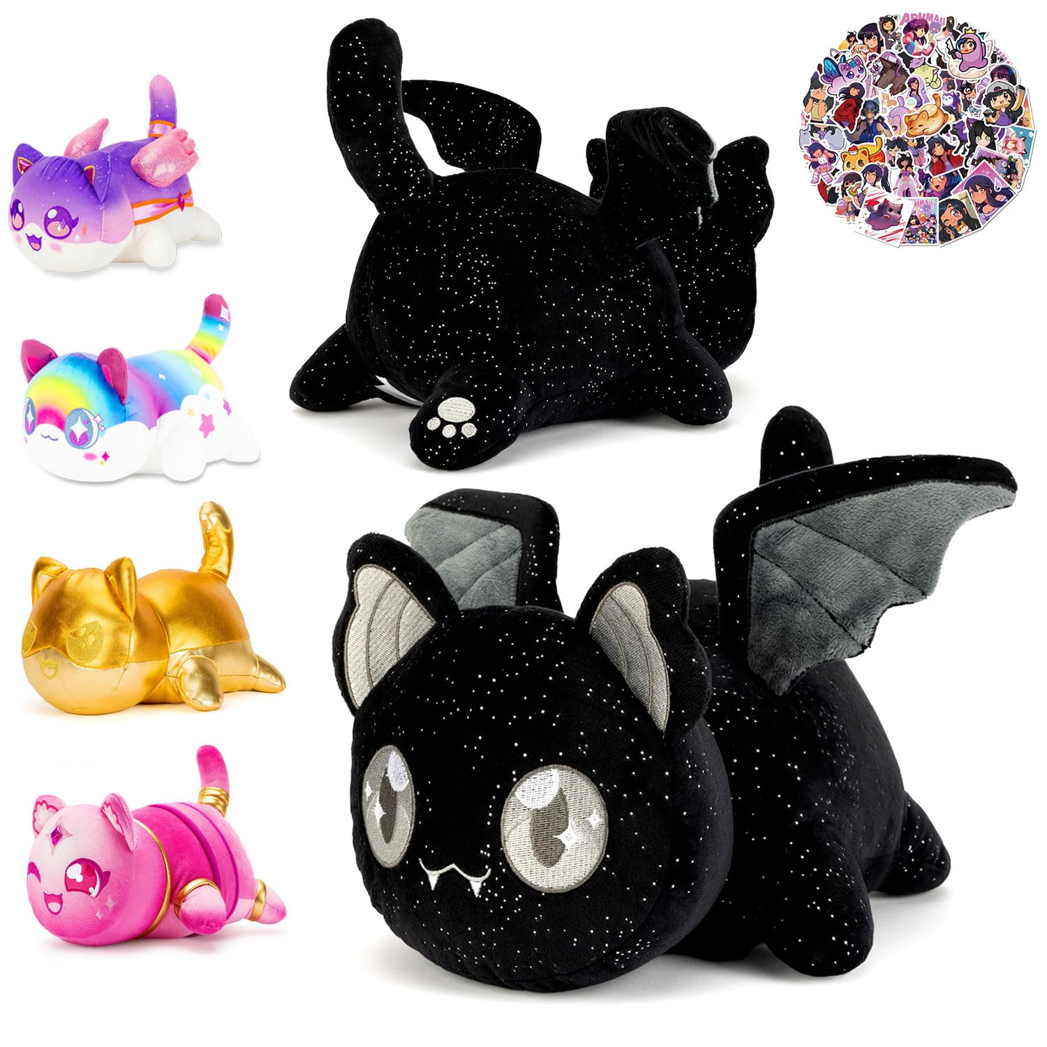 AOYINGMRWJ 61-PCS-Bat Cat Plush +60-Stickers-Plush,Cat Plush Toys Blind Box Cat Plush Series-100% Polyester Embroidery Plush Pillow-Cute Popular Cat Plush Collectibles(Bat Cat Plush)