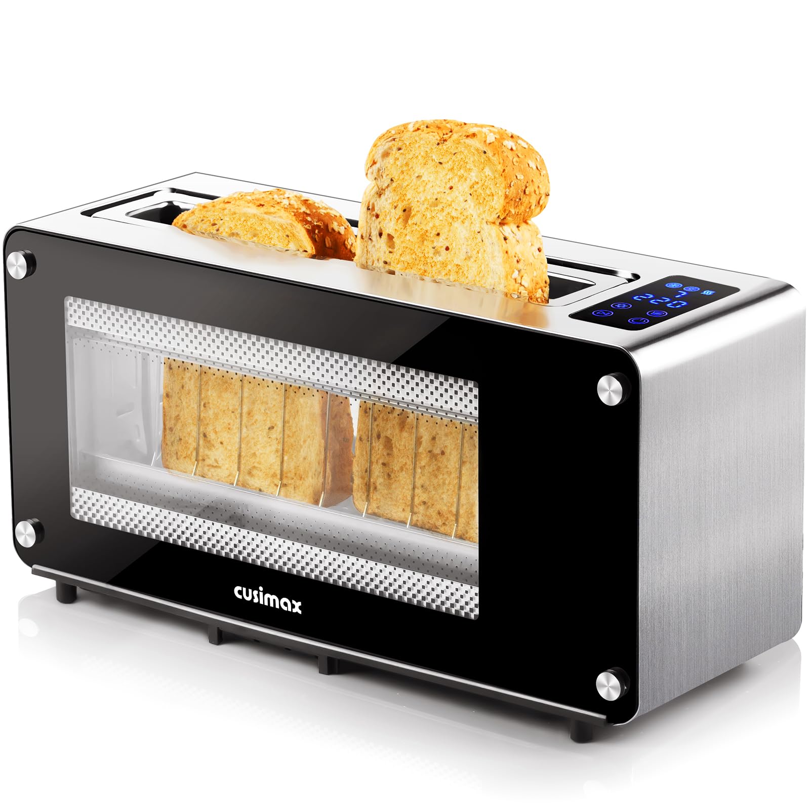 CUSIMAX Toaster 2 Slice,Toaster Long Slot with Clear View Glass Window,One Touch Digital Control Presets with Automatic Lifting,Slide-out Glass Panel and Easy Clean Up Crumb Tray,Black Toaster