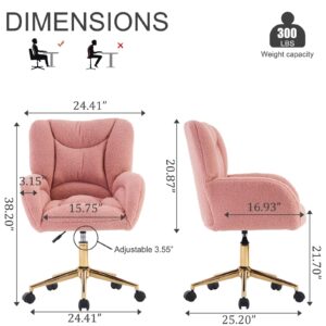 Anewome Swivel Office Desk Chair with Wheels Upholstered Sherpa Desk Modern Armchair Height Adjustable Computer Task Chair Boucle Makeup Vanity Desk with Gold Metal Frame, 38.2" H Pink