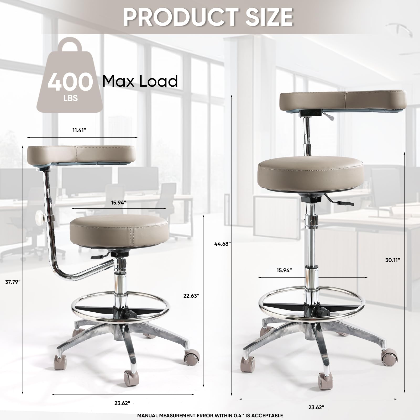 Viviange Ergonomic Dental Stool with Adjustable Height & Rolling Base - Comfortable Dentist Chair for Hygienists, Assistants, & Medical Professionals - Grey