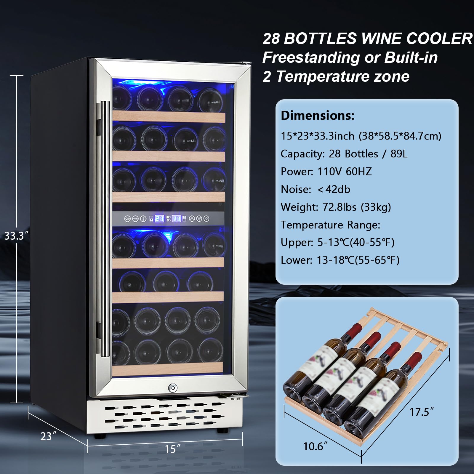 Garvee Wine Fridge, Wine Cooler Dual Zone 28 Bottles with Glass Door, Adjustable Shelves, Digital Temperature Control for Red, White and Champagne, Freestanding/Built-in