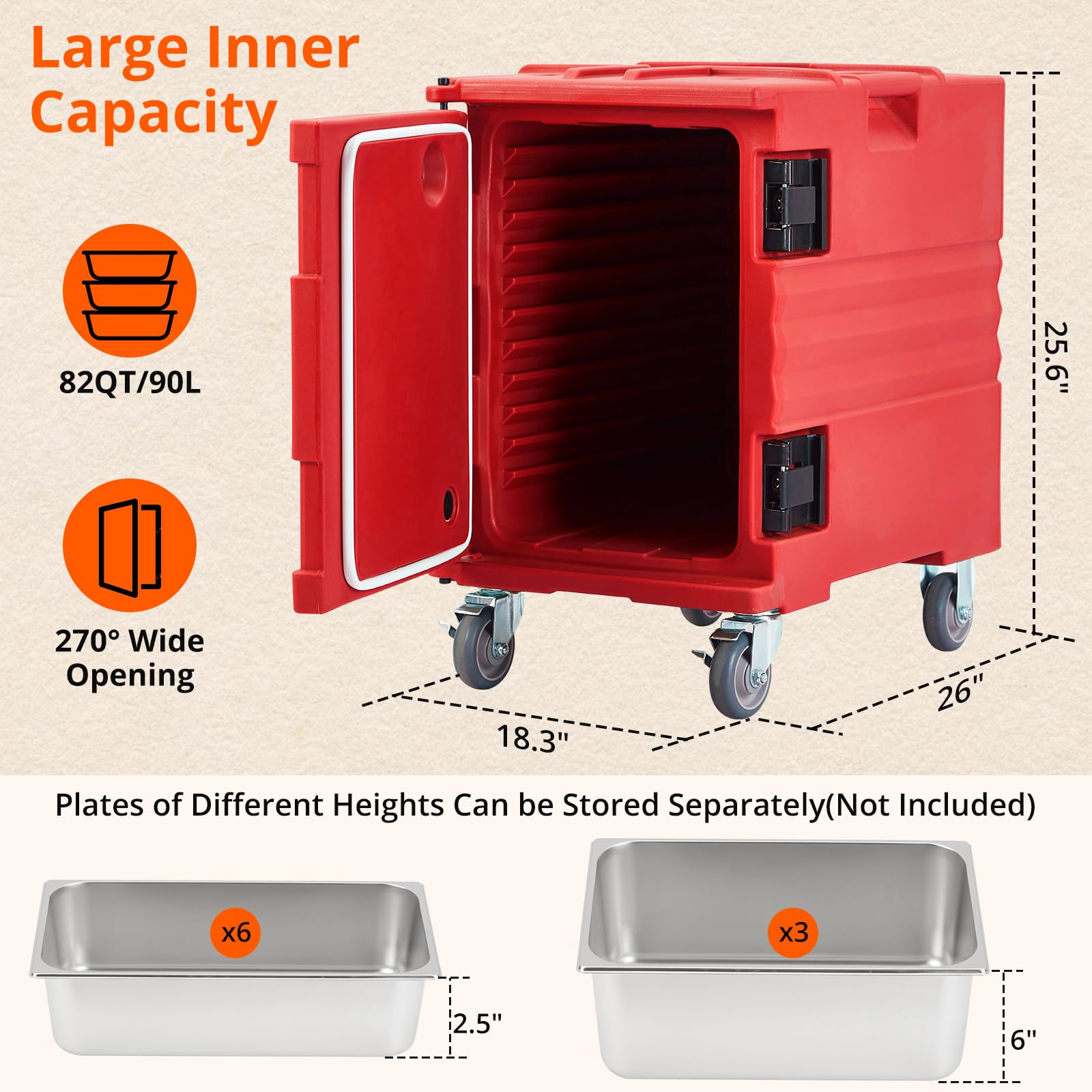 Portable Food Warmer 82Qt-Hot Box, Lldpe Food Box Carrier Double, End Loader Wheels, Easy Transport, Good Insulation, Strong Sealing, Durable, Ideal for Family Gathering, Canteen, Restaurant, Red