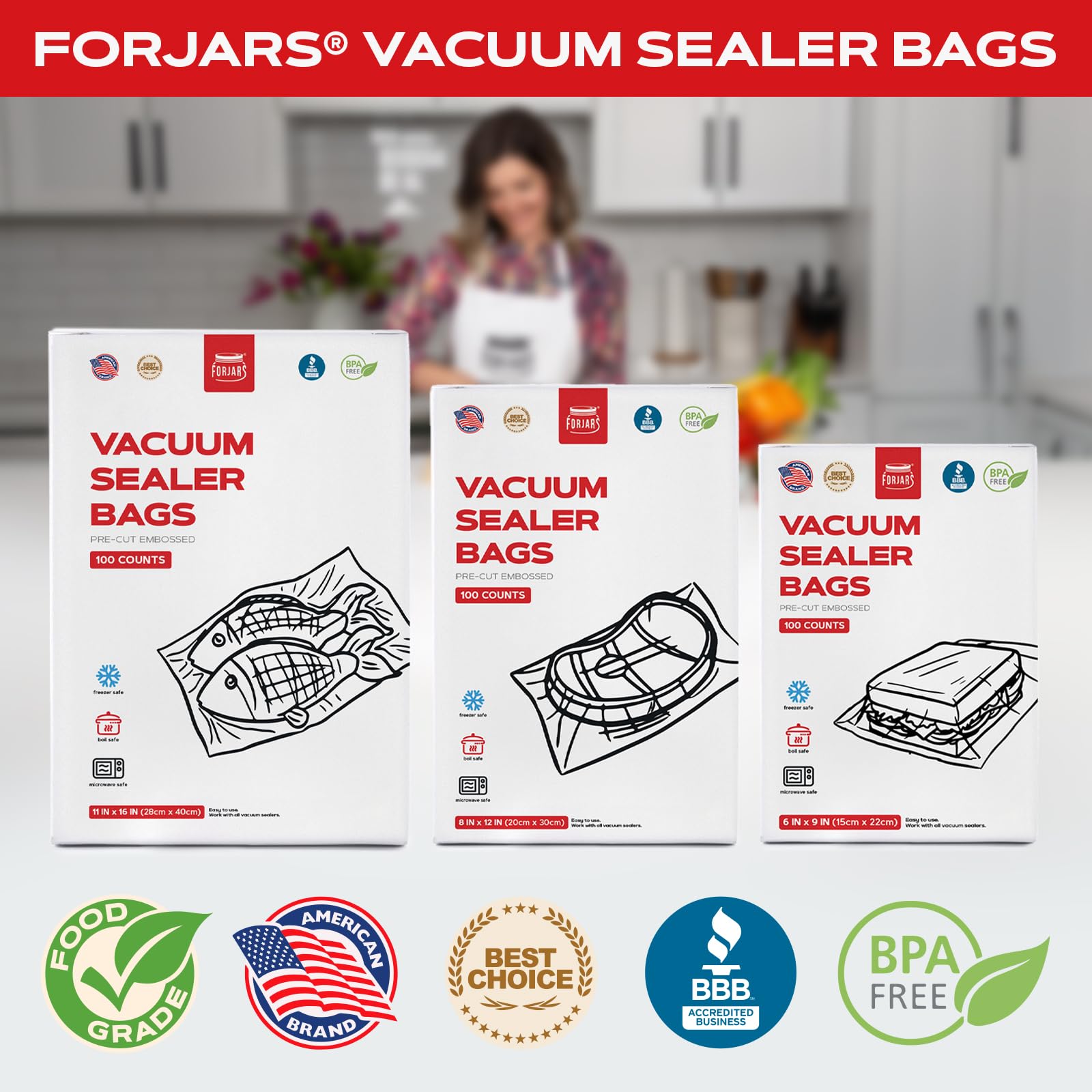 FORJARS Vacuum Sealer Bags For Food Storage - Method Sous Vide Cooking - Pack of 100 count Pre-Cut Size Bags, Perfect for Food Storage and Cooking - Ideal for Home and Commercial Use (11x16 (100pcs))