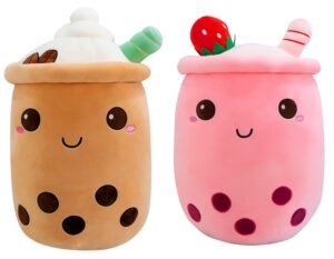 fsrongxi 2 pack boba plush, stuffed bubble tea plush pillow soft cute pearl milk tea hug pillows for kids girls boys (brown & pink)