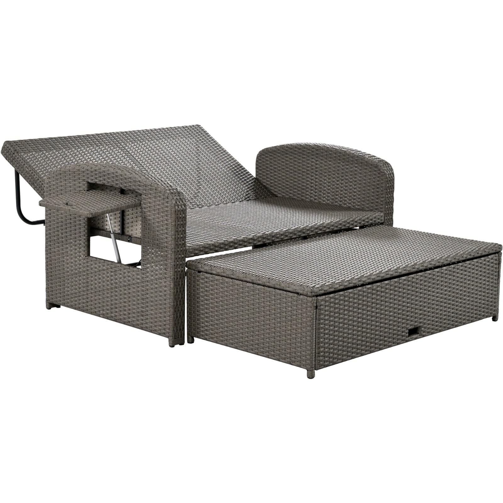 Thirtdos PE Wicker Rattan Double Chaise Lounge, 2-Person Reclining Daybed with Adjustable Back and Cushions, with Furniture Protection Cover (Gray)