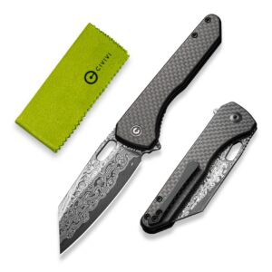 civivi nugz folding pocket knife for edc, 3.17" damascus reverse tanto blade twill carbon fiber overlay on black g10 handle flipper knife for ideal gift to men women c23060-ds1 (black)