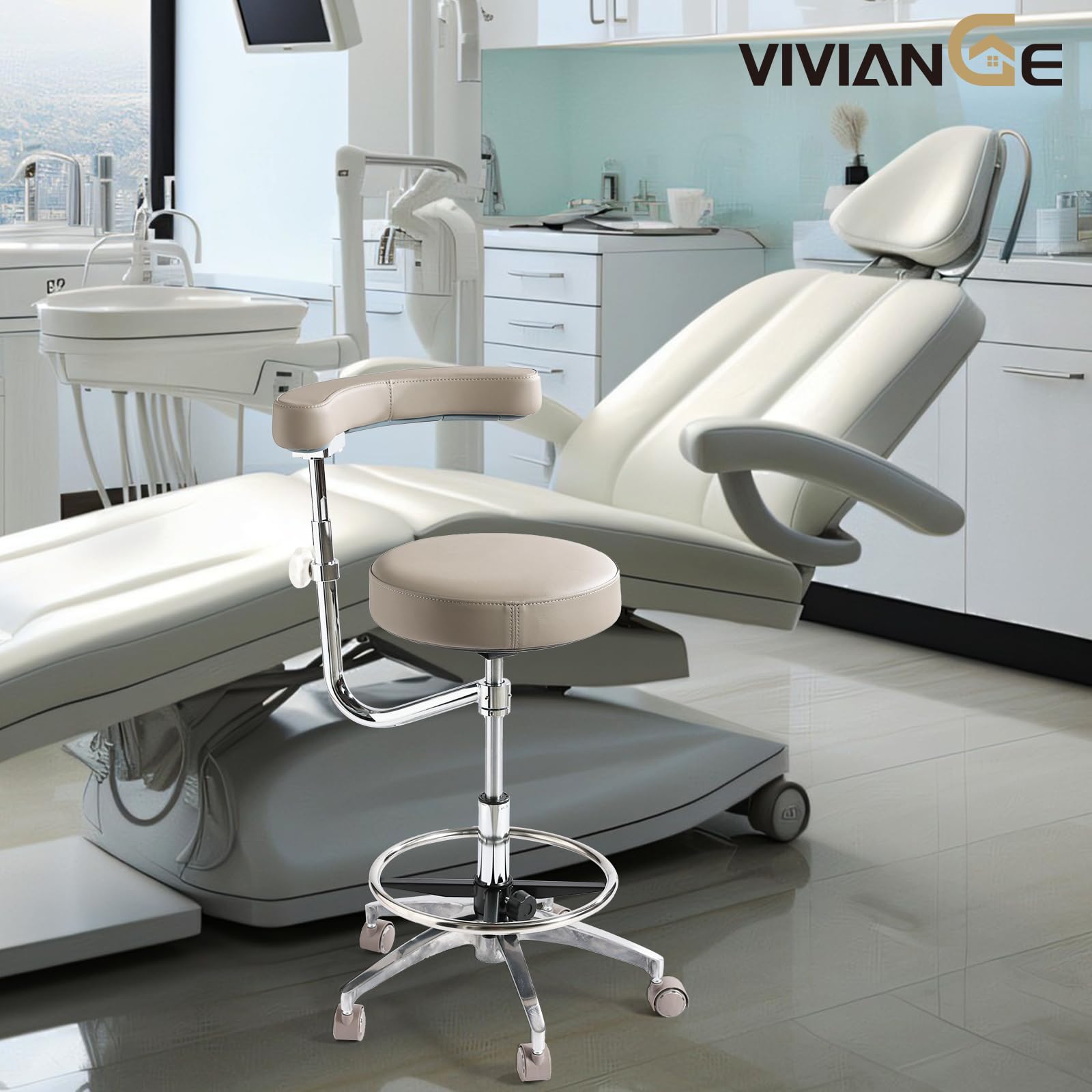 Viviange Ergonomic Dental Stool with Adjustable Height & Rolling Base - Comfortable Dentist Chair for Hygienists, Assistants, & Medical Professionals - Grey