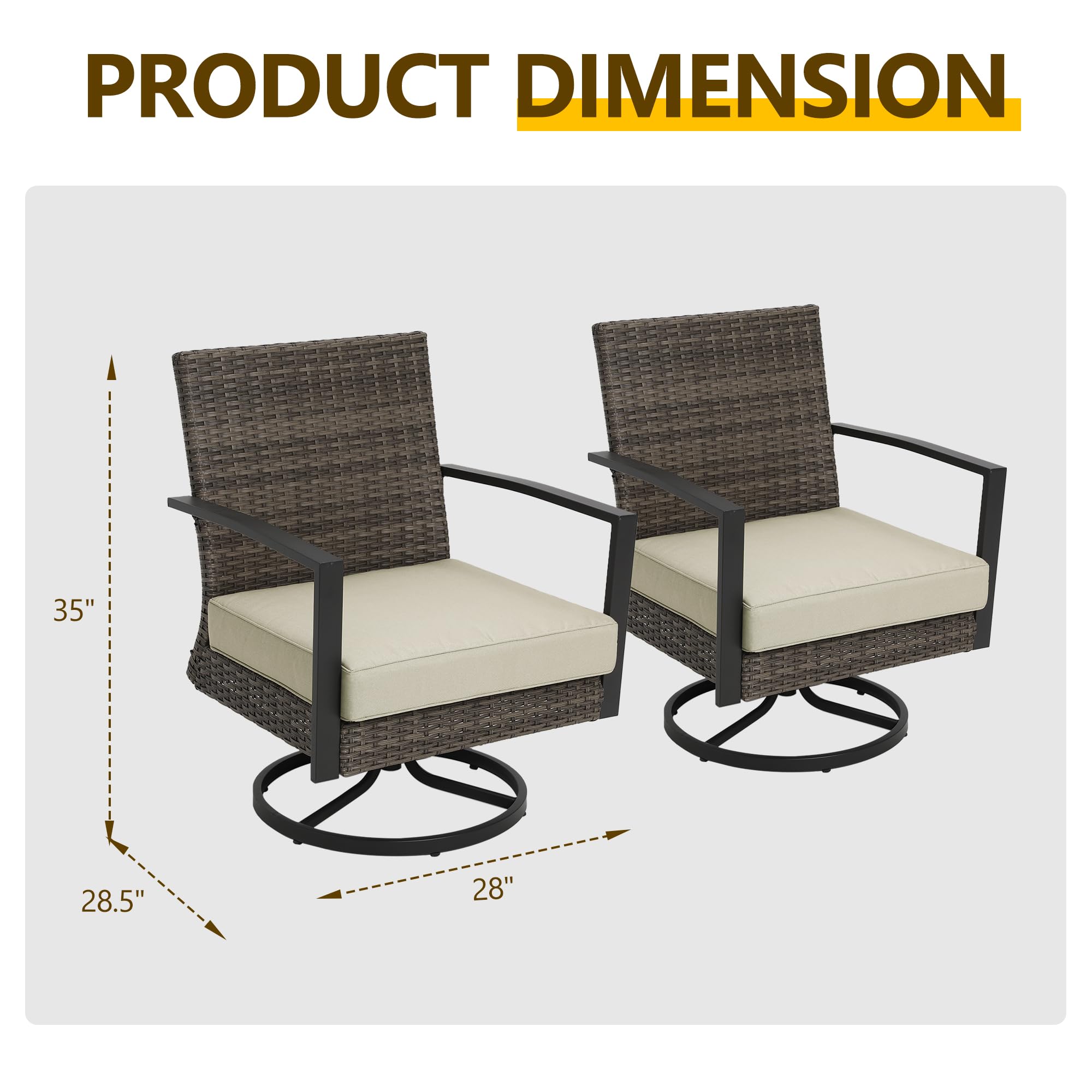 RoyalCraft Patio Swivel Dining Chairs with 360-Degree Rotating, All Weather Rattan Chairs with Water-Resistant Cushions & Metal Frame, Modern Outdoor Rocking Chair for Porch, Bistro, Balcony, Beige