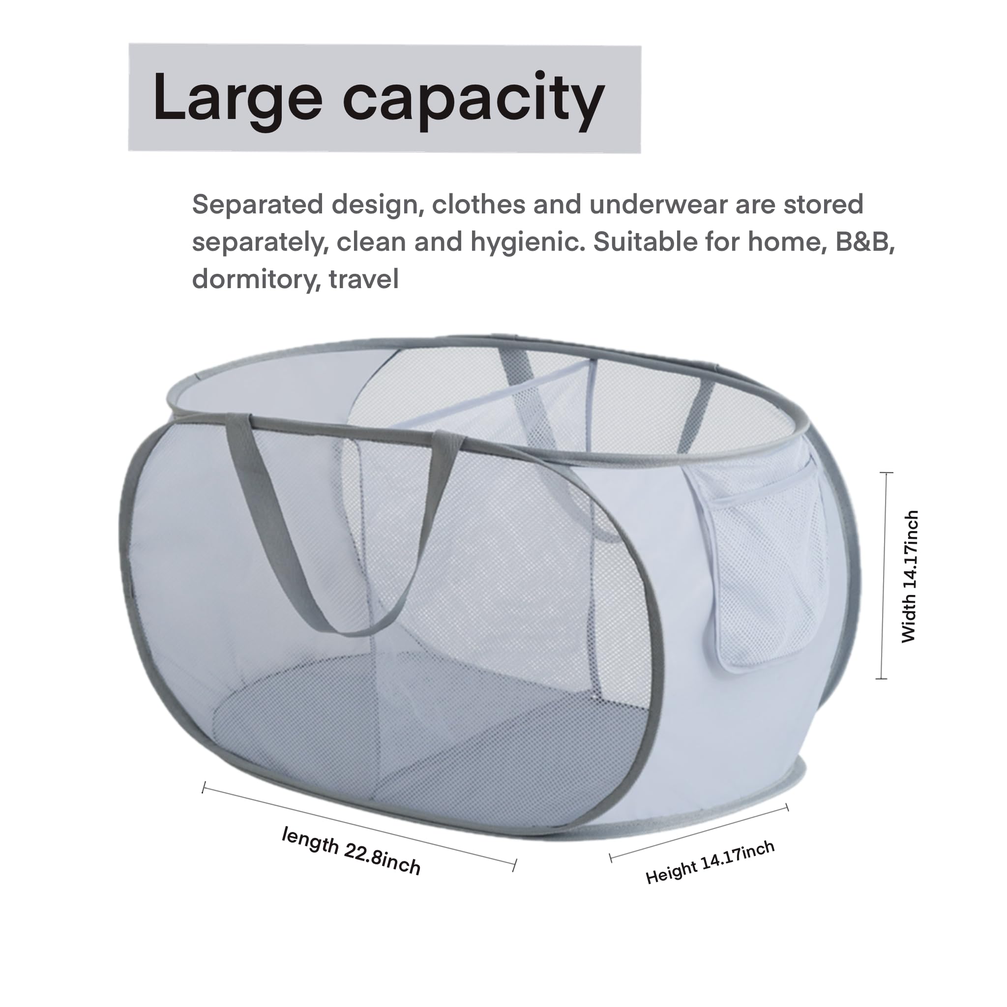 Foldable Laundry Basket, Popup and Collapsible, Durable Mesh Material, 2 Compartments-Folds for Storage, Reinforced Carry Handles. Great Hamper for College Dorm, Laundry Room or Travel Grey 75L