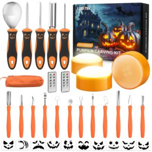 luditek pumpkin carving kit, 17 pcs professional stainless steel pumpkin carving tools with 3 electronic candles lights and 10 stencils, jack-o-lanterns cutting halloween gifts for adults